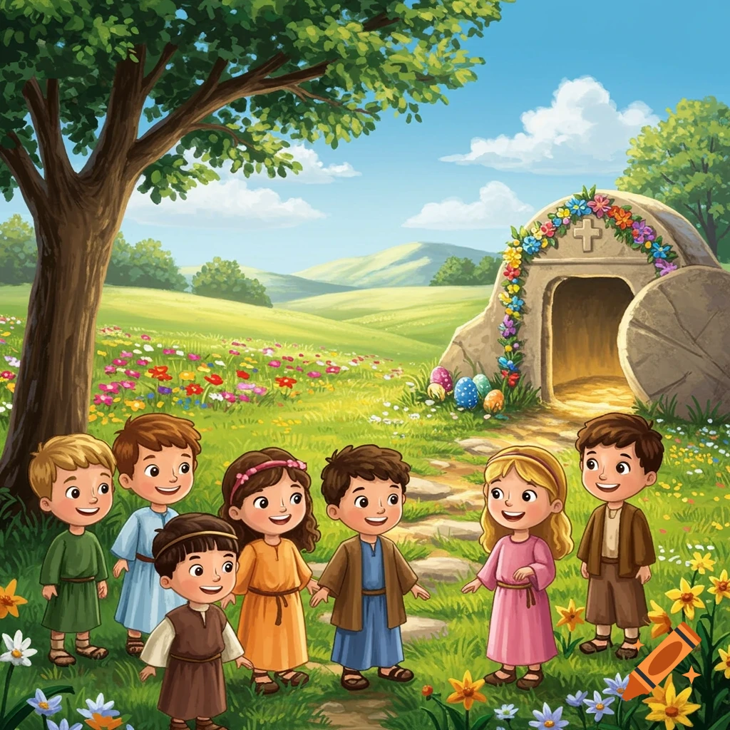 Cartoon illustration of smiling children standing near an empty tomb ...