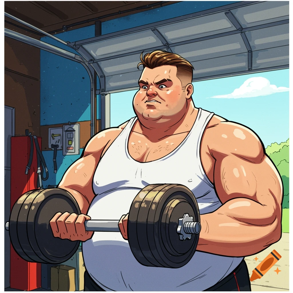 Cartoon drawing of a muscular man eating protein powder in a gym with ...