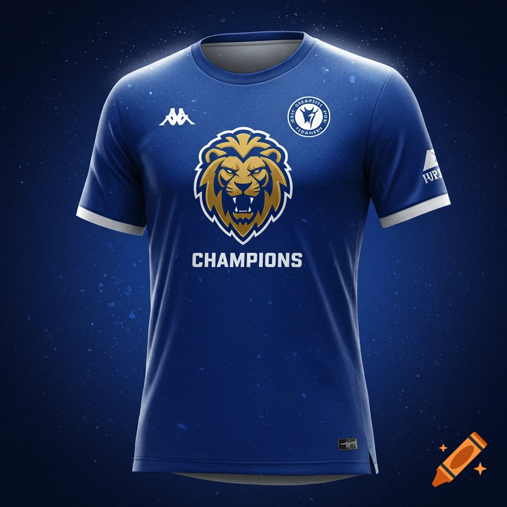 A blue football jersey with a lion logo and the word "CHAMPIONS" below ...