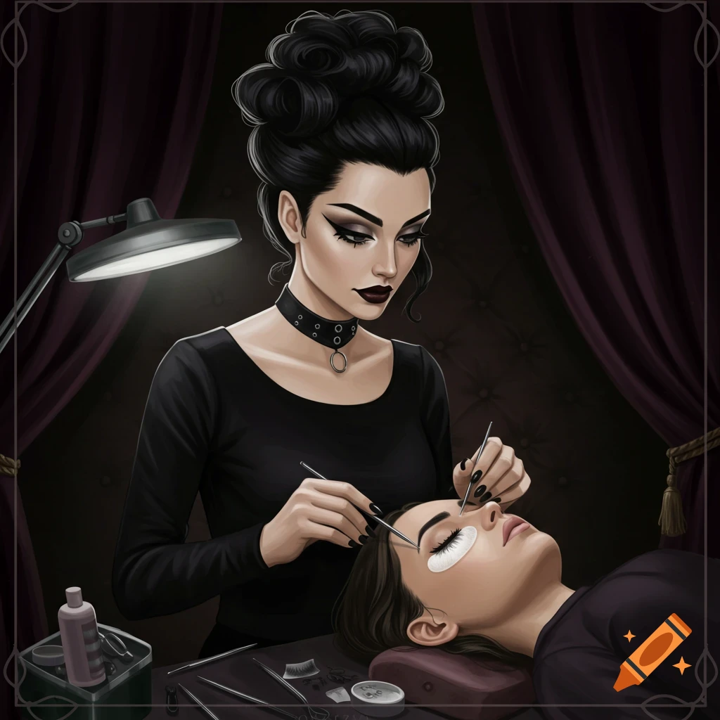 Gothic illustration of a lash tech applying extensions to a client's ...