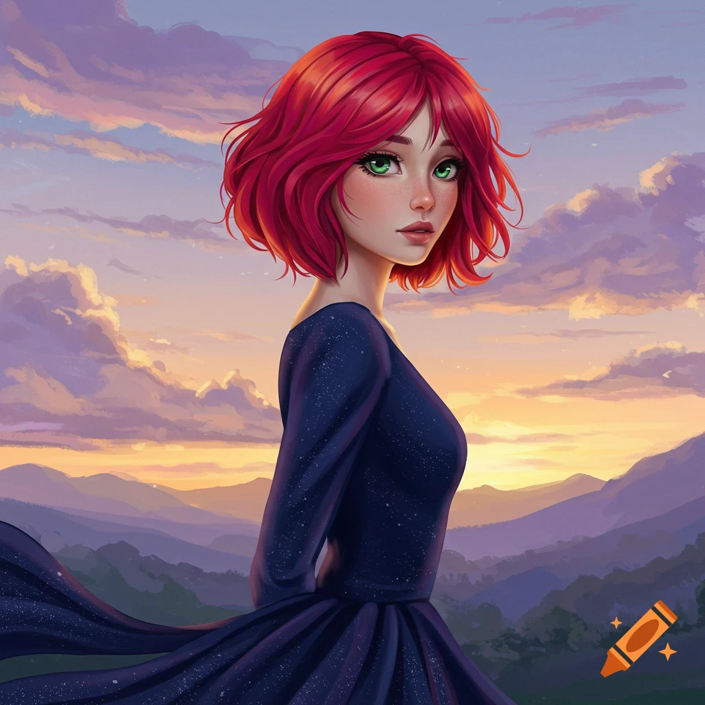 Illustration of a woman with short red hair in a starry blue dress ...