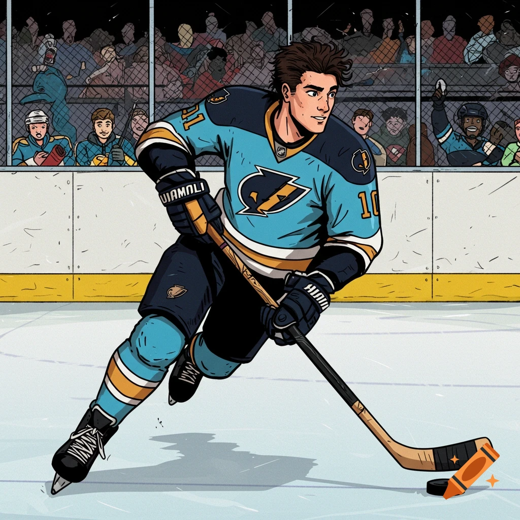 An illustration of a hockey player in uniform holding a stick, talking ...