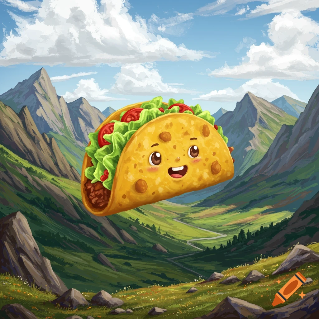 Cartoon unicorn with a taco body floats in a pastel sky on Craiyon