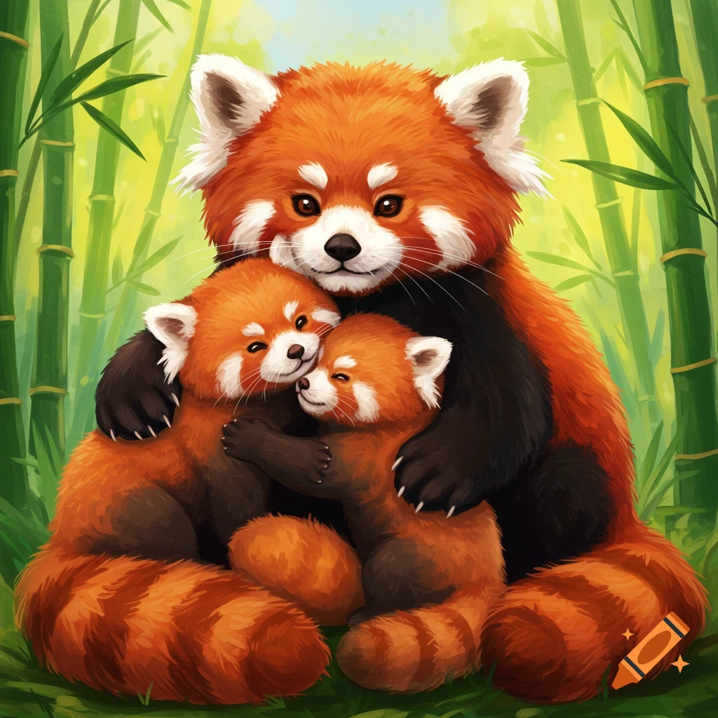 Red pandas hugging their mom on Craiyon