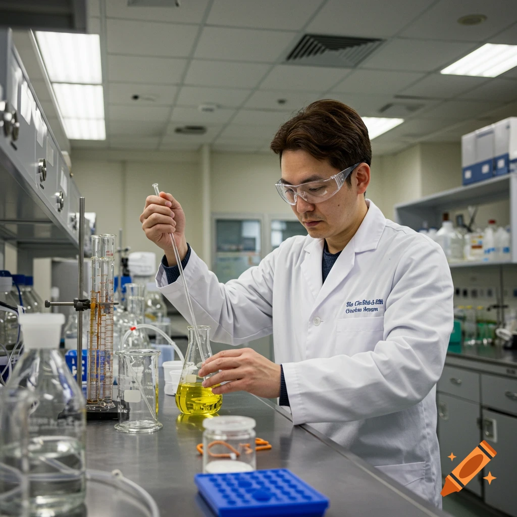 A person in a lab coat and safety glasses works in a laboratory with ...