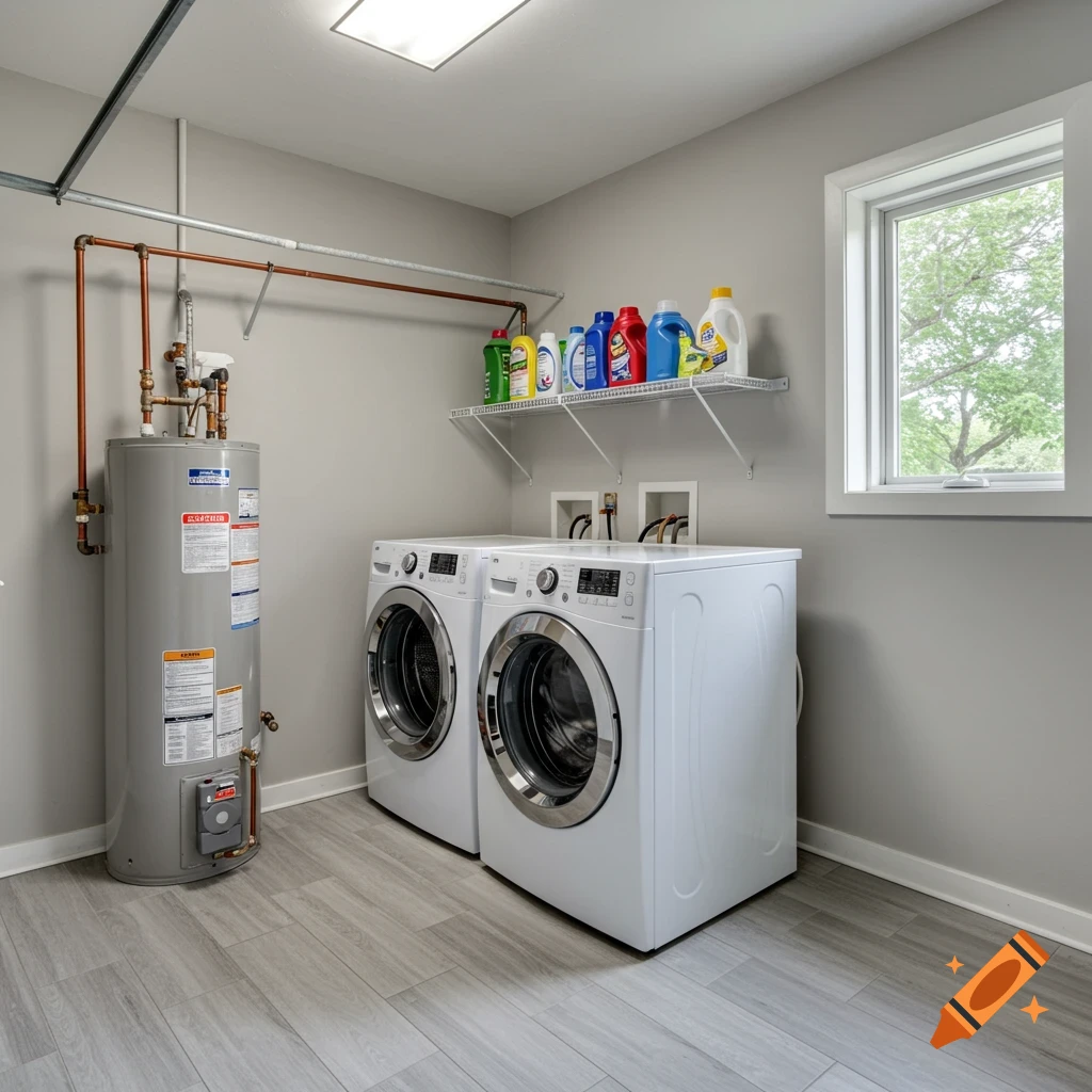 Laundry room in a garage with washer, dryer, and water heater on Craiyon