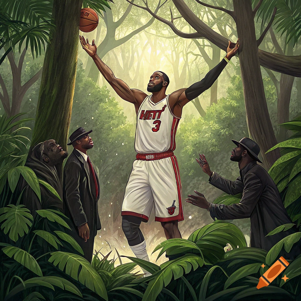 Illustration of a basketball player jumping for a ball in a jungle with ...