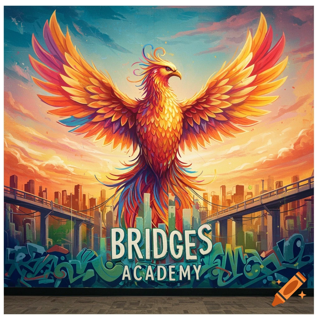 Colorful phoenix mural over city skyline with graffiti and text ...