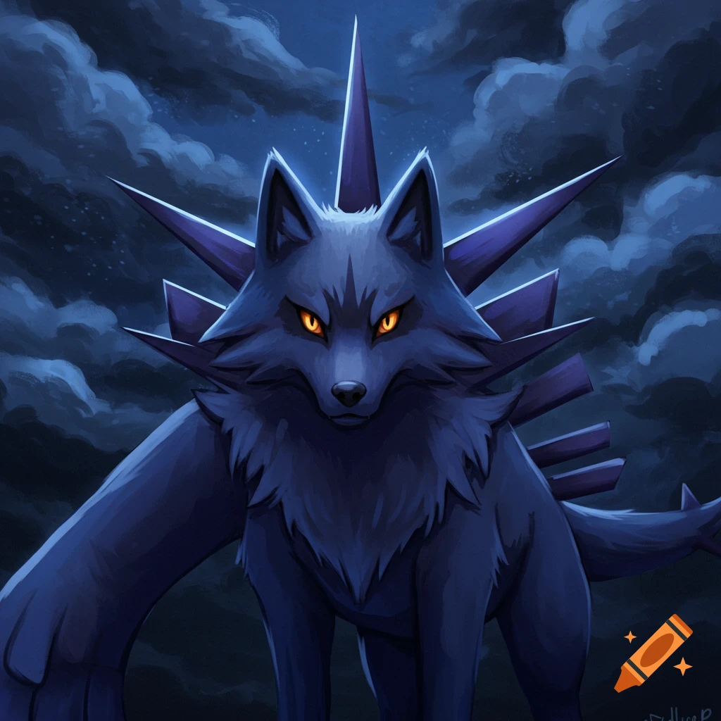 A dark blue fantasy creature resembling a wolf with glowing orange eyes ...