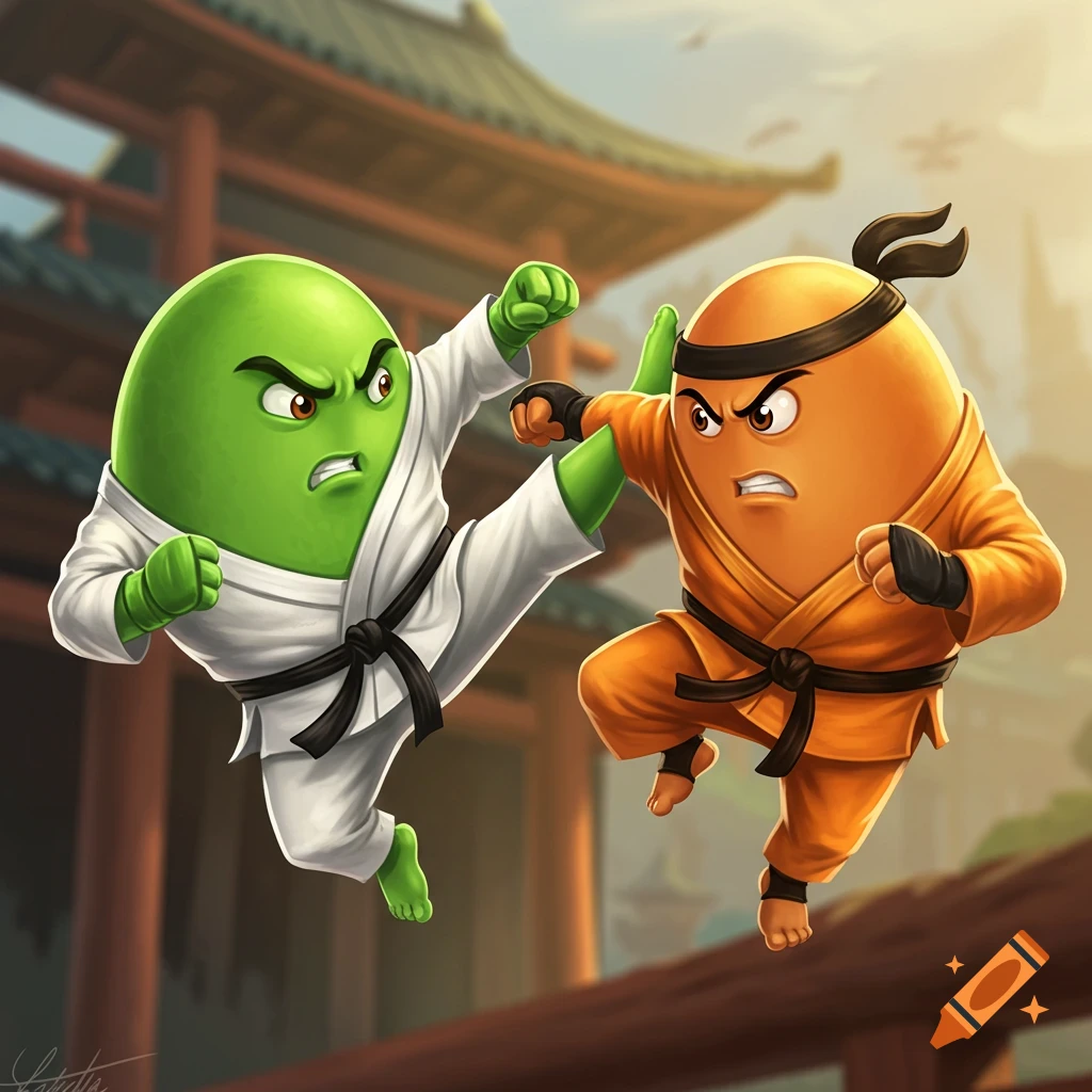 Cartoon green and orange beans fighting karate in front of a pagoda. on ...