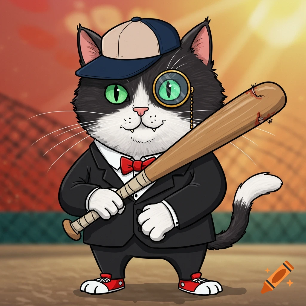 Cartoon tuxedo cat with monocle, baseball hat, and bat on Craiyon