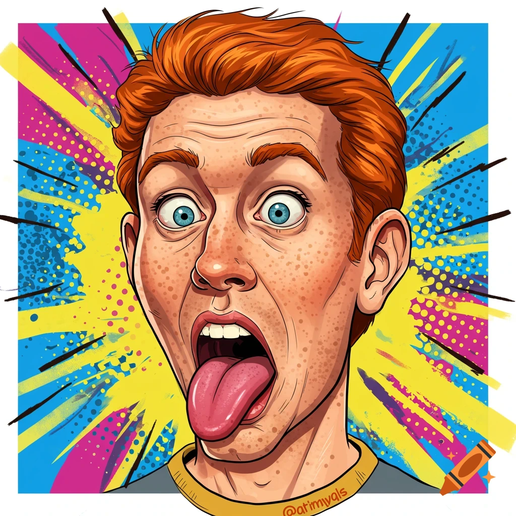 Ginger guy with freckles shocked, tongue out on Craiyon