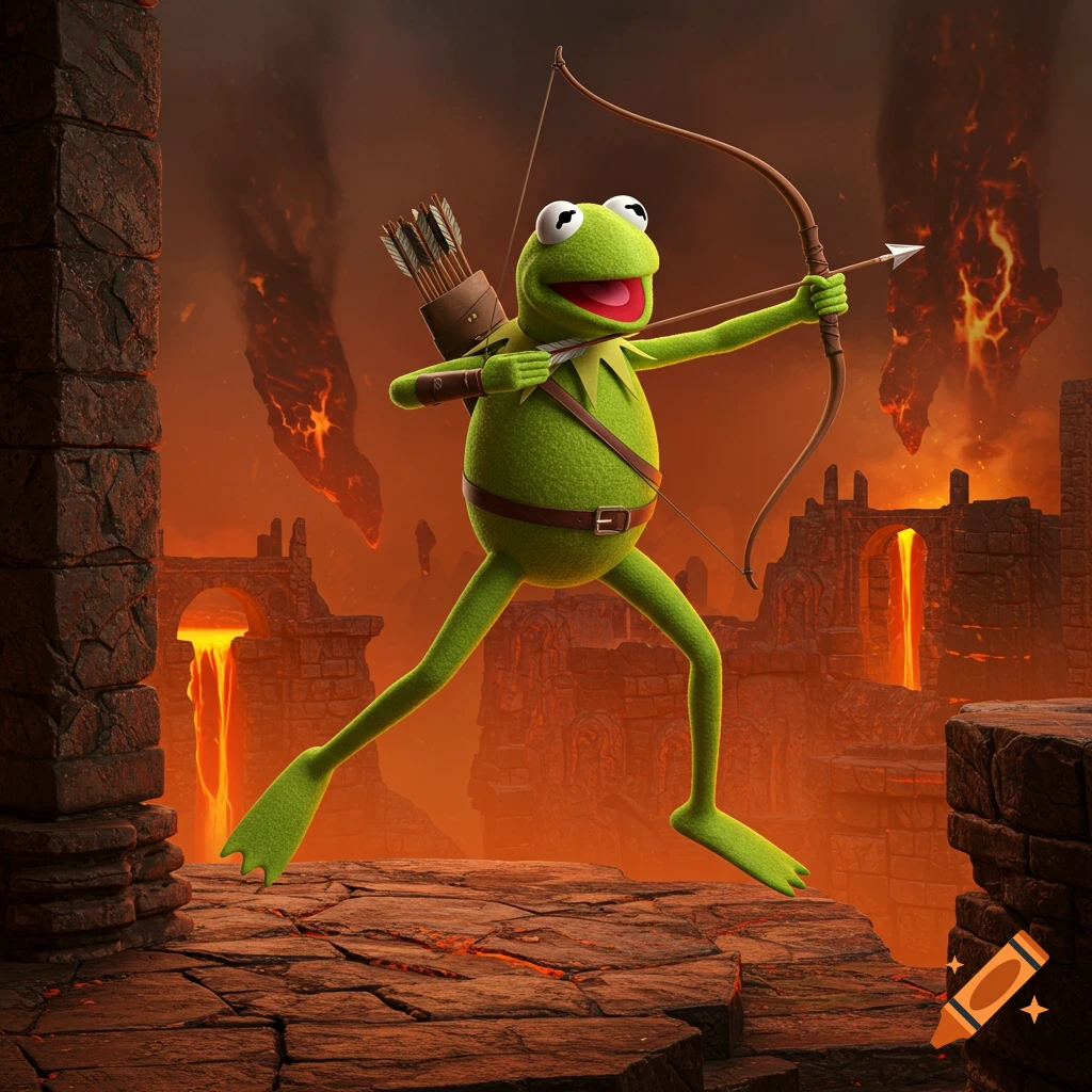 Kermit the frog with bow and arrow in epic Dungeons and Dragons scene ...