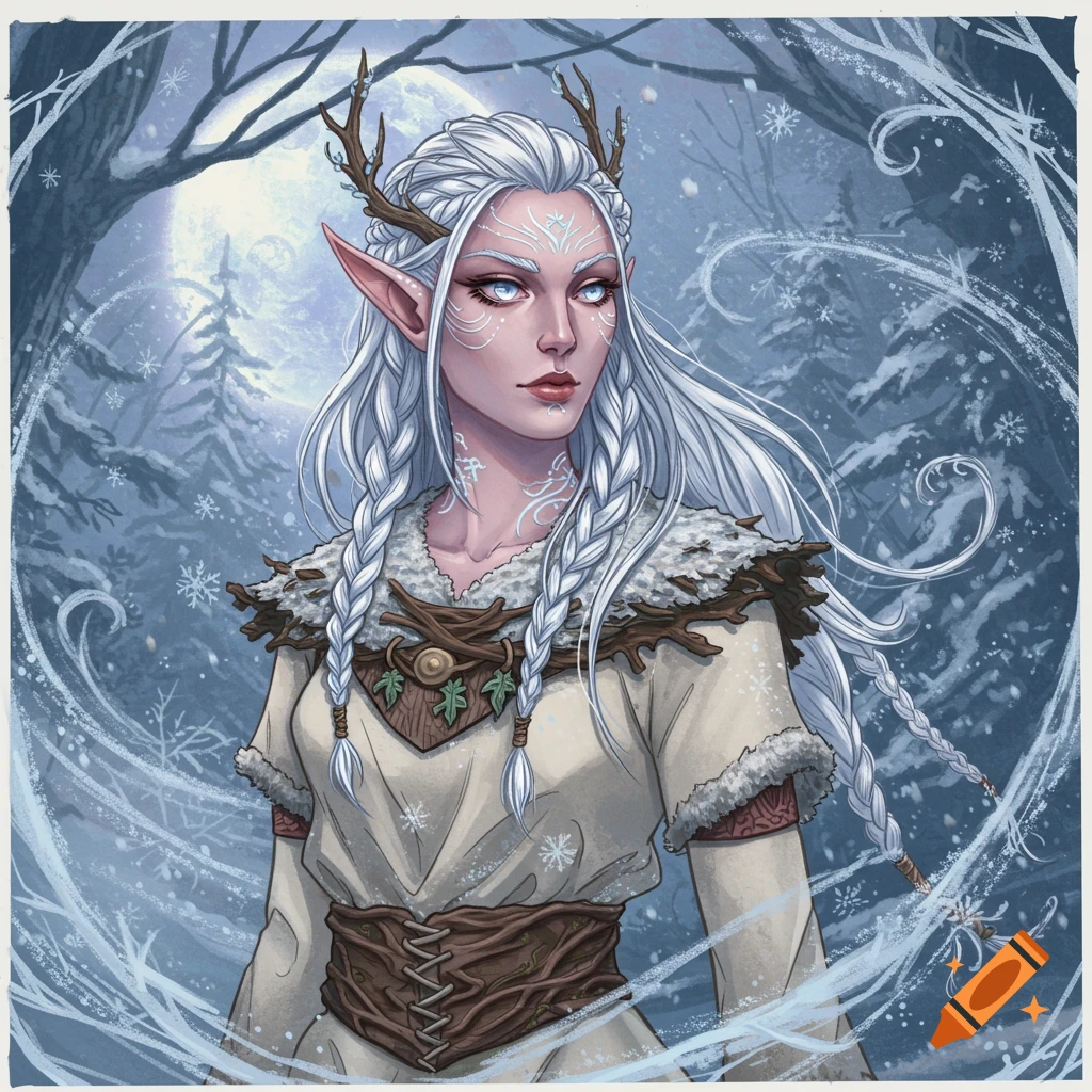 Circle of moon Druid winter Eladrin androgynous female on Craiyon