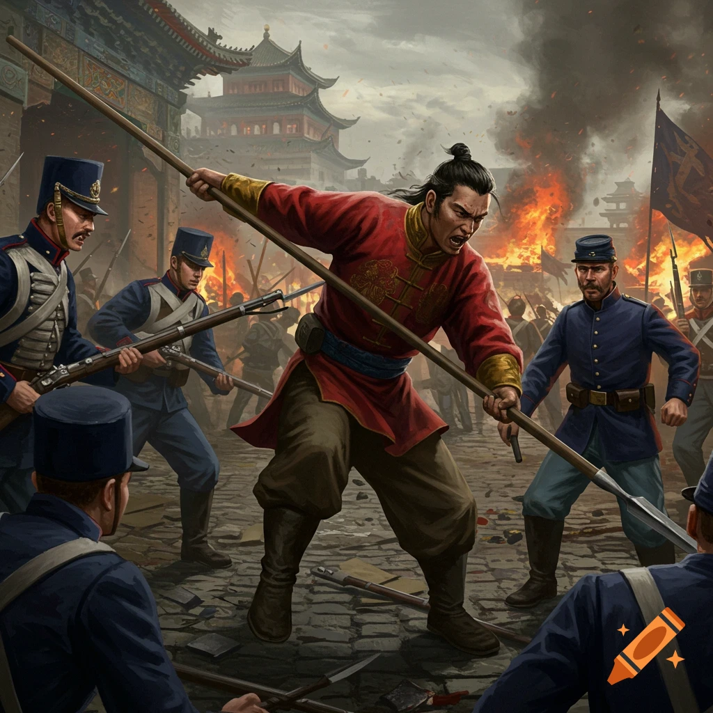 An illustration of a Chinese Boxer soldier fighting European soldiers ...