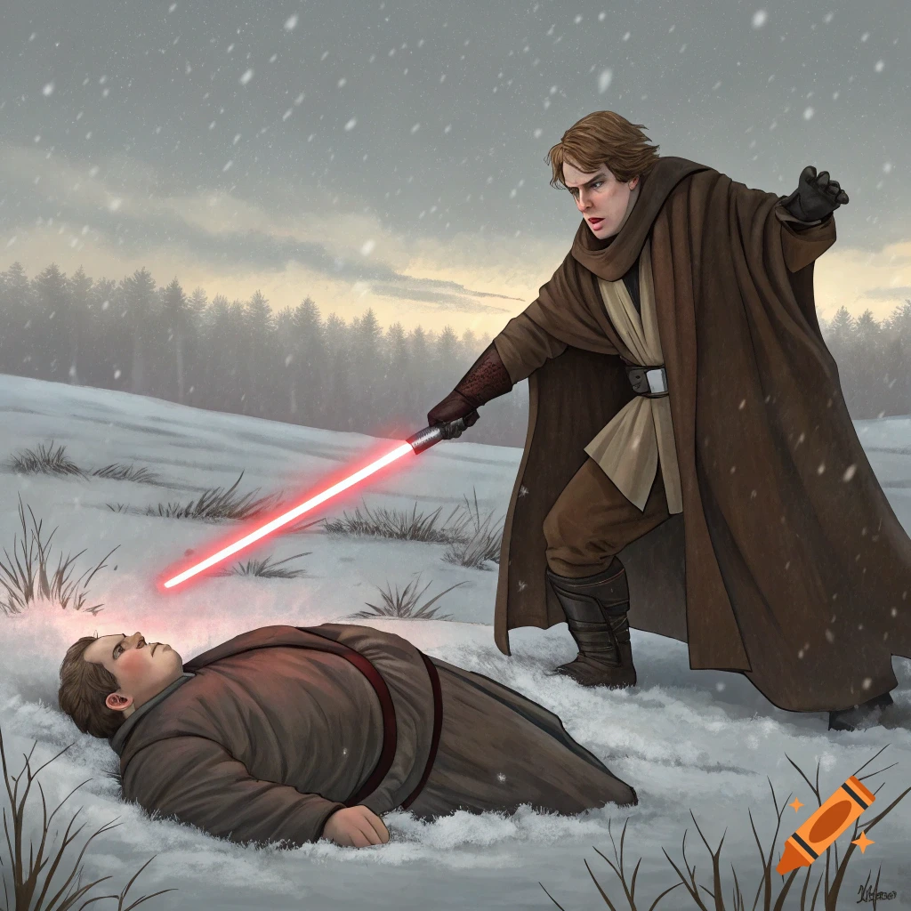An illustration of Anakin Skywalker standing over Peter Griffin with a ...