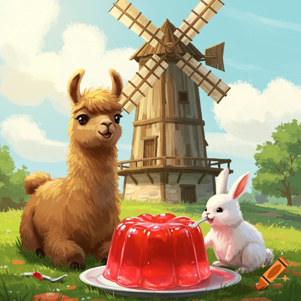 Cartoon llama and rabbit eating jello by a windmill in a meadow. on Craiyon