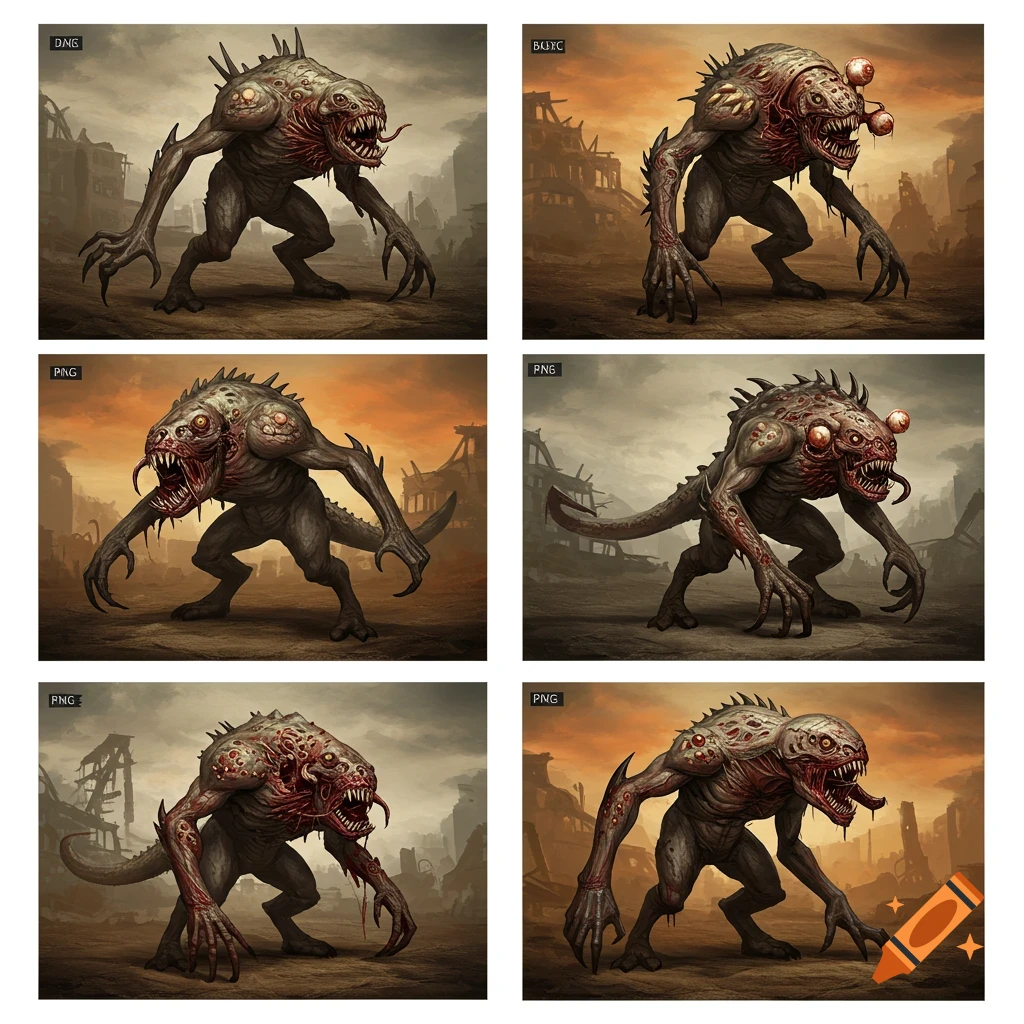 Six illustrations of a grotesque fantasy monster in a post-apocalyptic ...