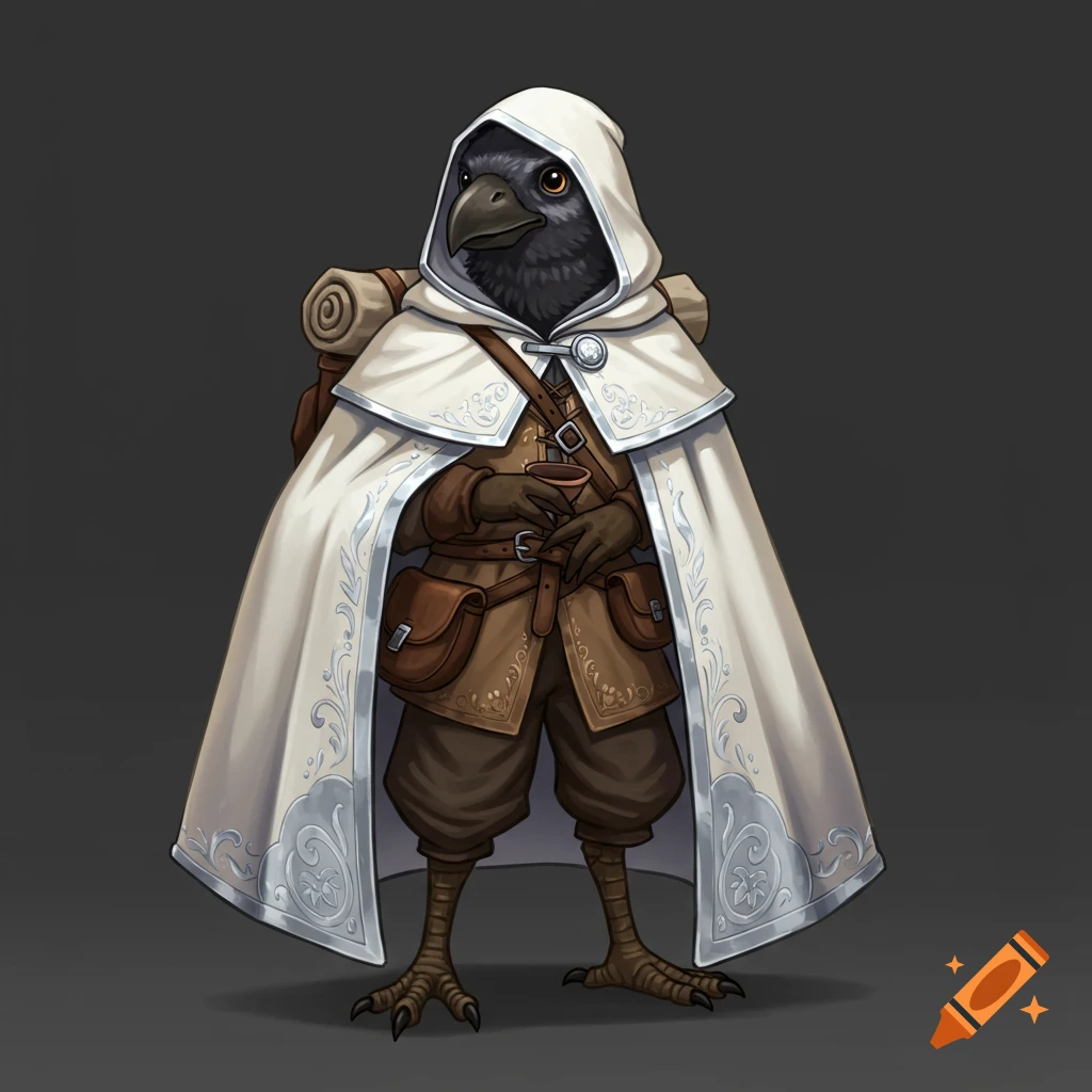 Kenku in medieval garb with magical cloak and grimoire on Craiyon