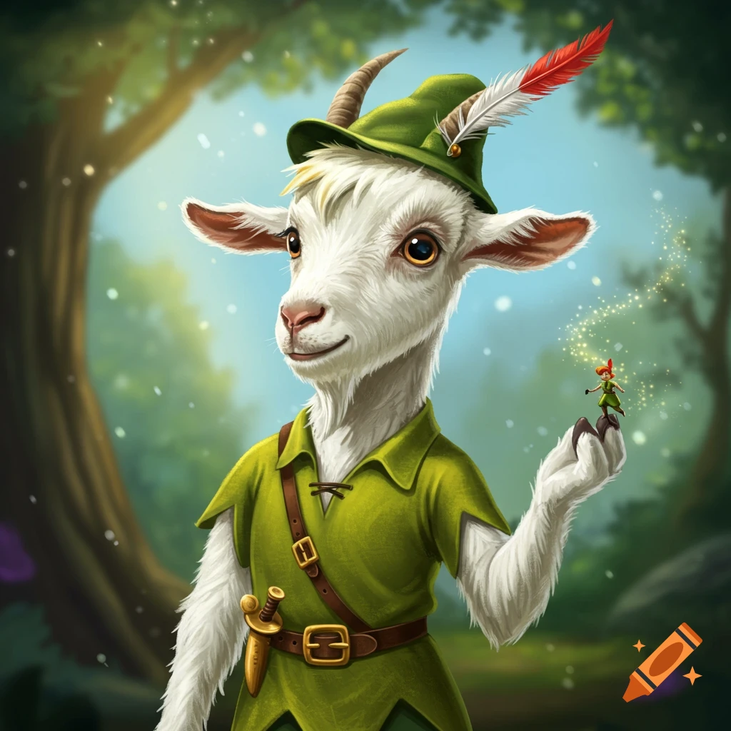 A goat dressed in a green Peter Pan costume stands in a forest, holding ...