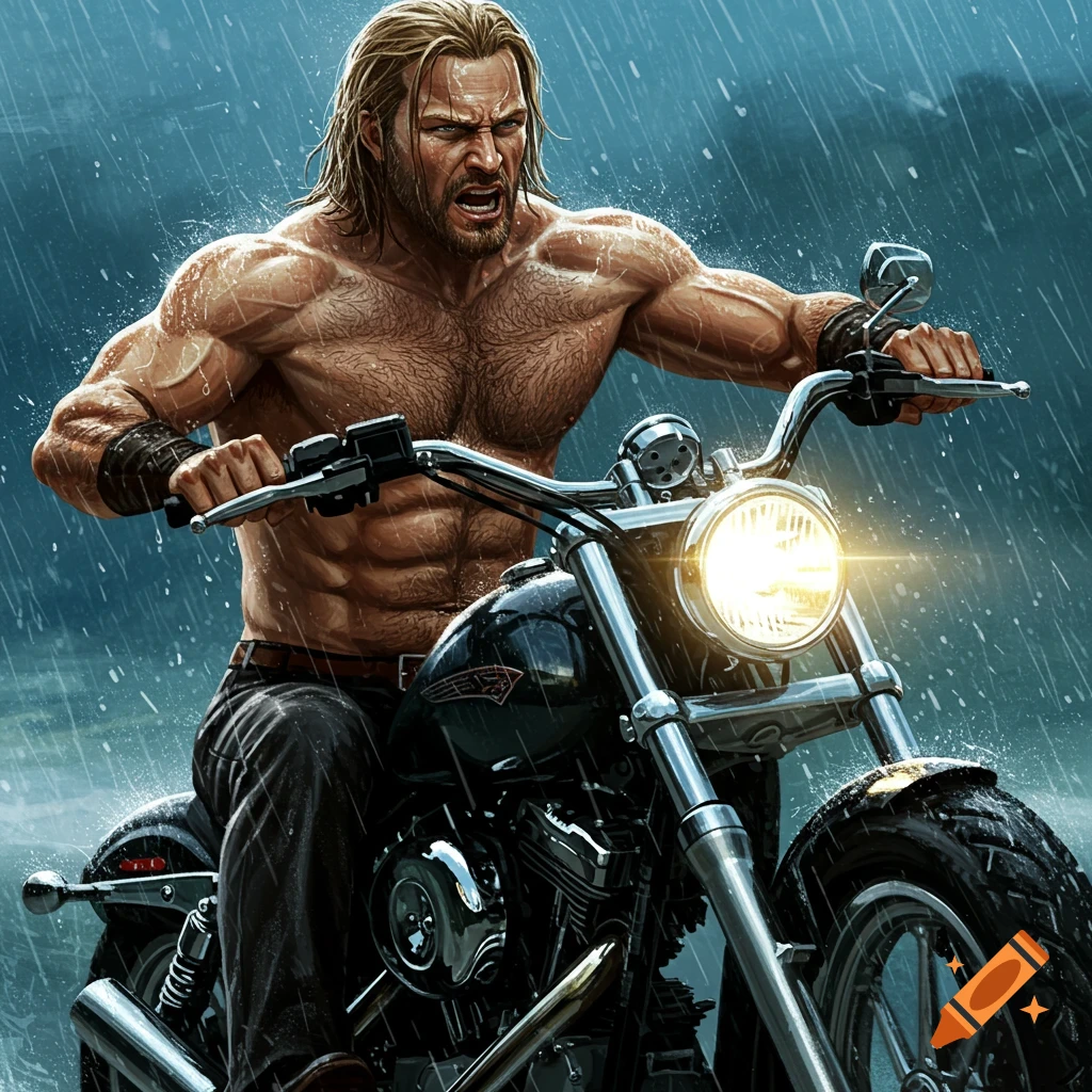 Shirtless muscular man riding a motorcycle in the rain with blond hair ...