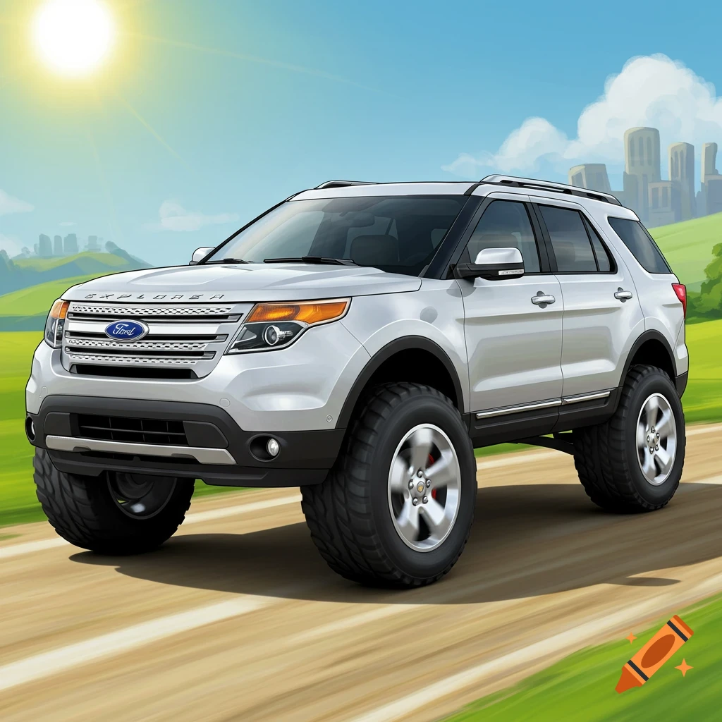 Cartoon of a silver Ford Explorer driving on a dirt road. on Craiyon