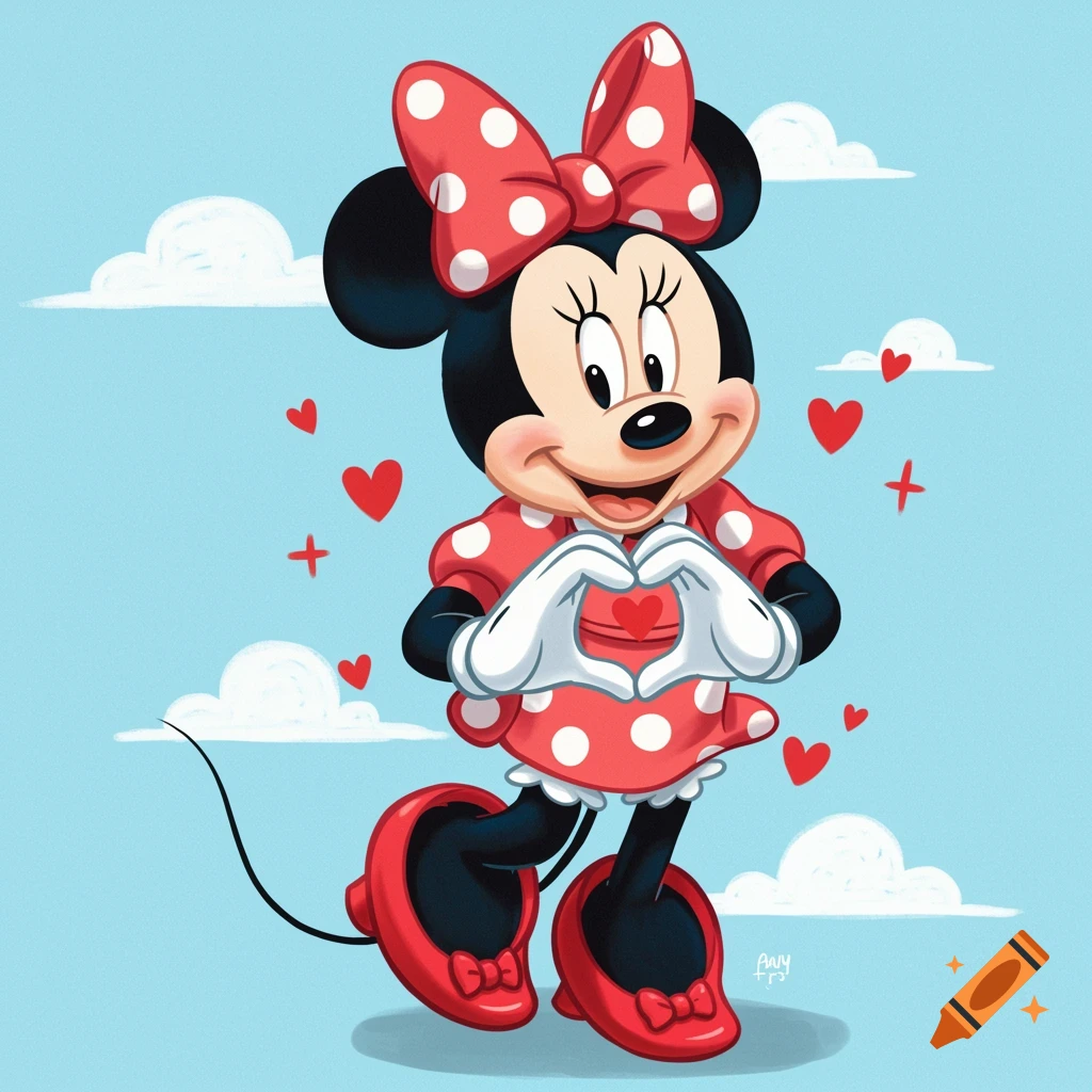 Minnie Mouse sits on a sandy beach by the ocean, wearing a red polka ...