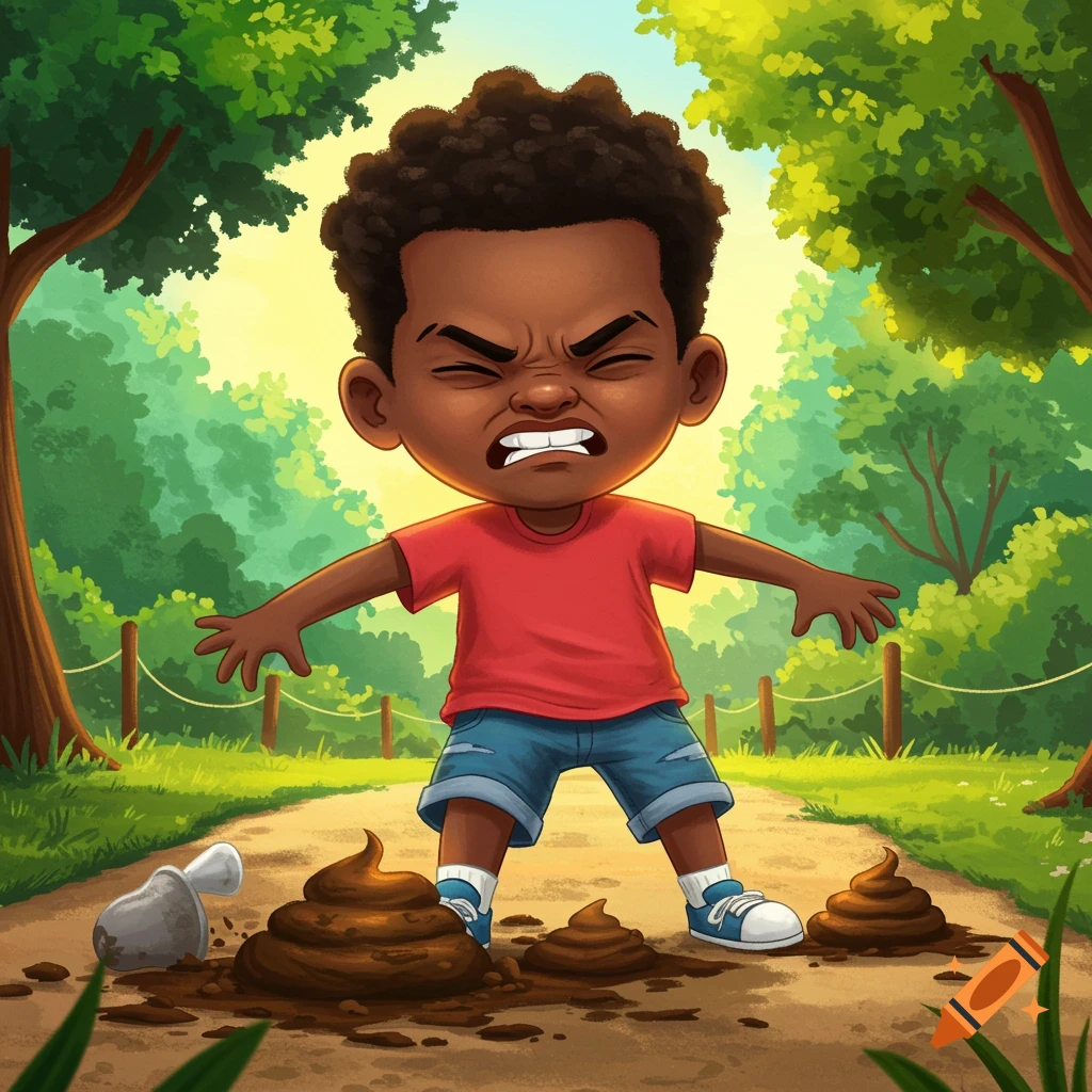 Cartoon boy looks angry stepping on manure in a park path. on Craiyon