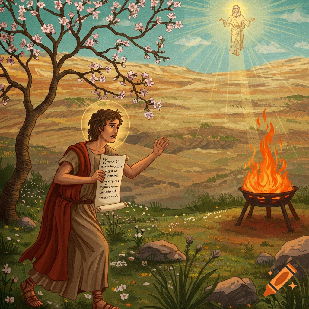 An illustration of a figure in robes holding a scroll near a fire ...