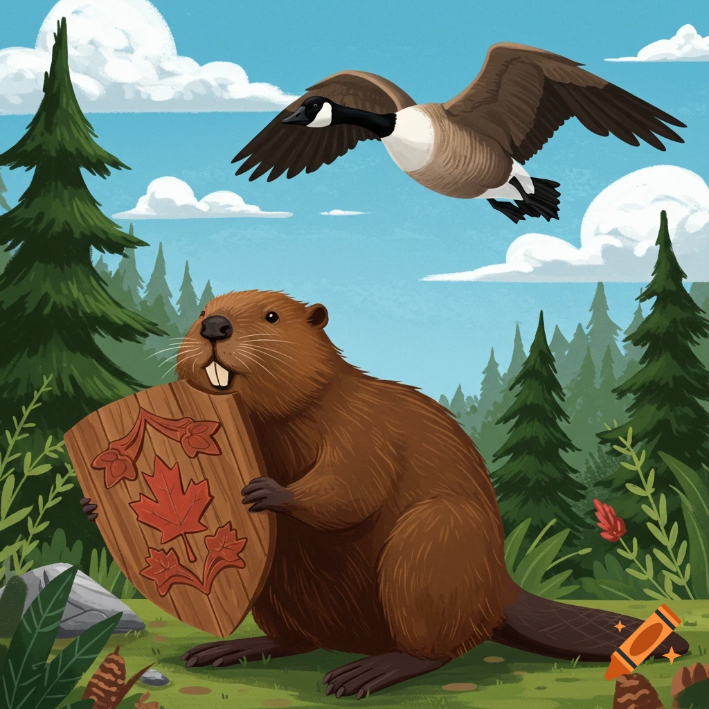 An illustration of a beaver holding a shield with maple leaves, with a ...