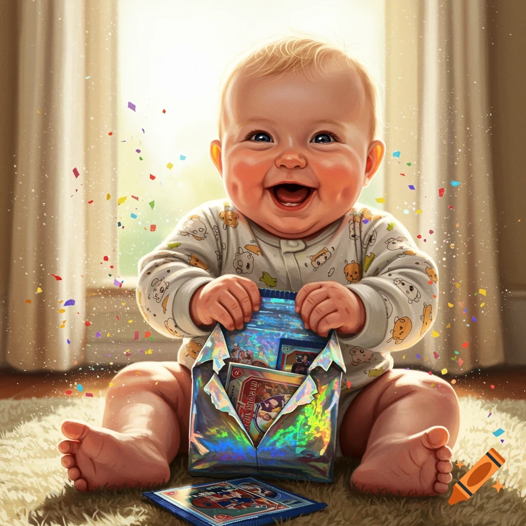 Smiling baby sits on a rug opening a pack of sports trading cards with ...