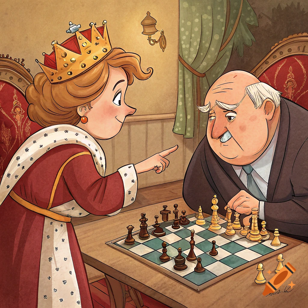 Cartoon illustration of a woman dressed as a queen pointing across a ...