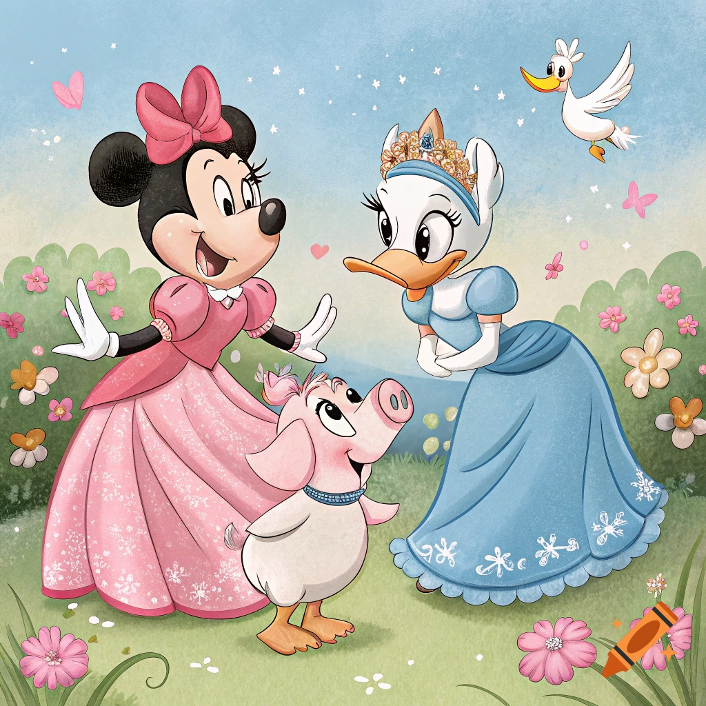Minnie Mouse and Daisy Duck in princess dresses playing with a pig on ...