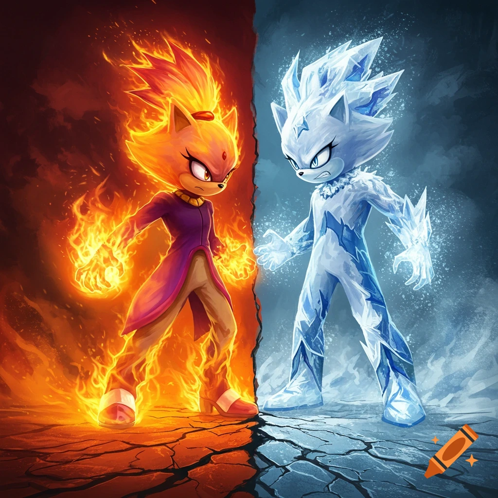 Blaze and Frost, fire and ice figures facing off on Craiyon