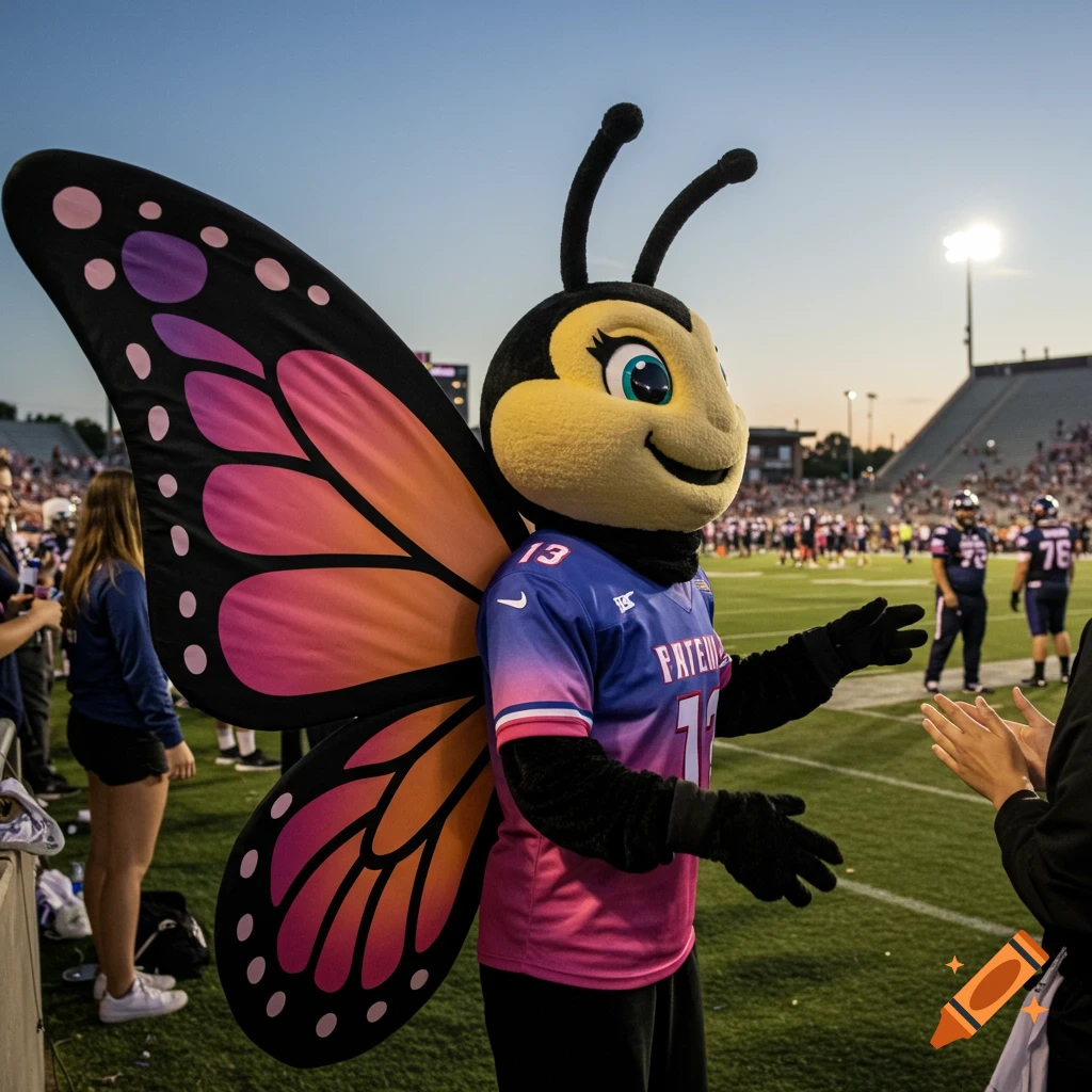 Butterfly mascot stands on a football sideline during a game. on Craiyon