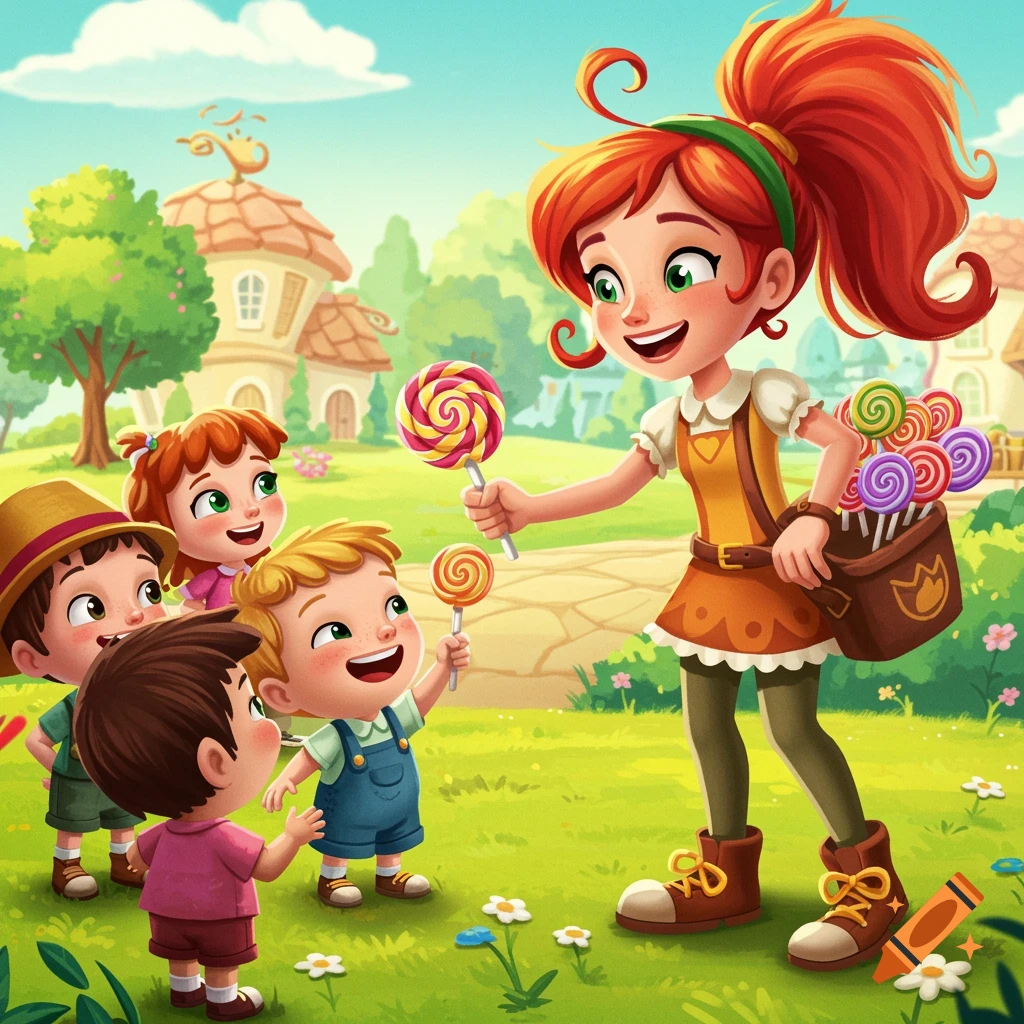 Cartoon magician performs for children on a stage in a park, casting ...