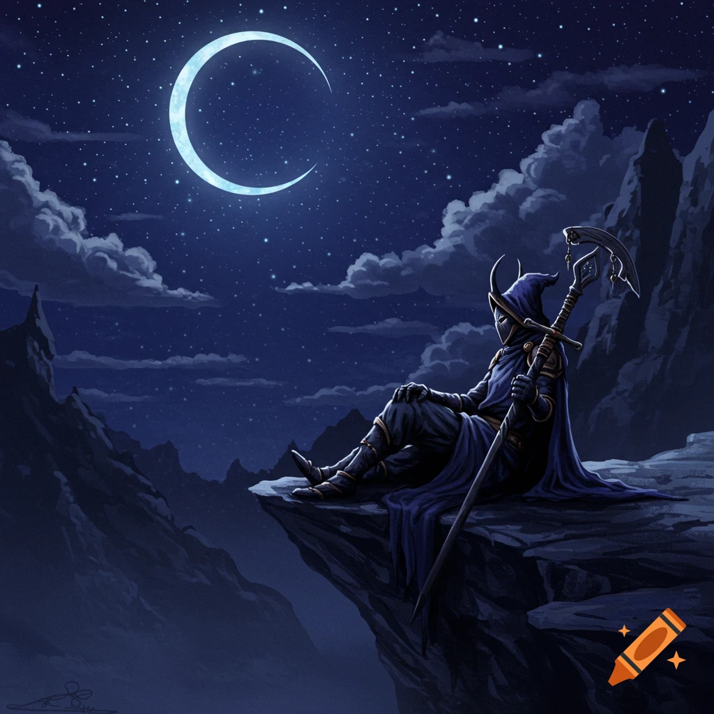 Mystical medieval knight resting under moonlight on a cliff on Craiyon
