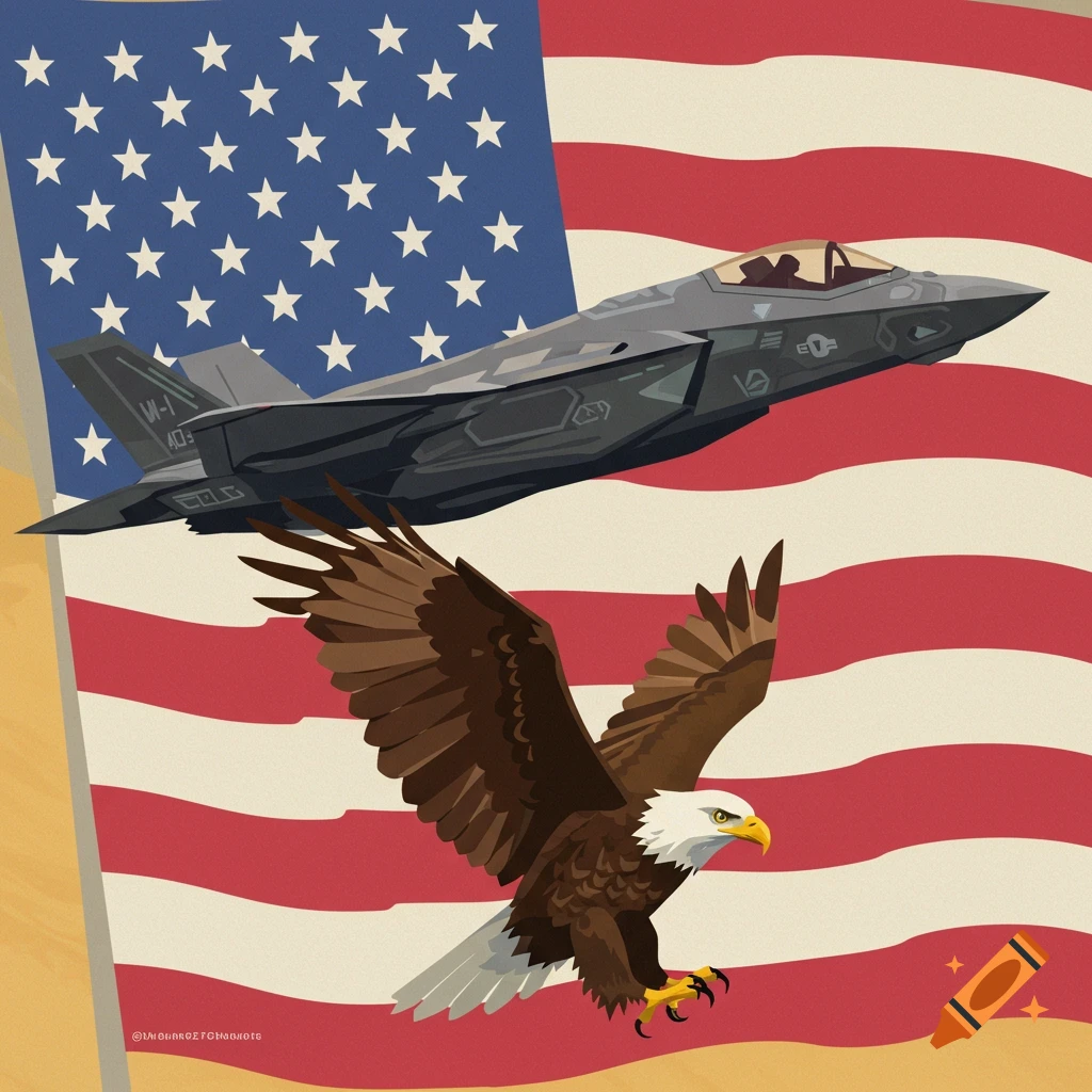 USA Air Force jet with eagle and flag in simplified style on Craiyon