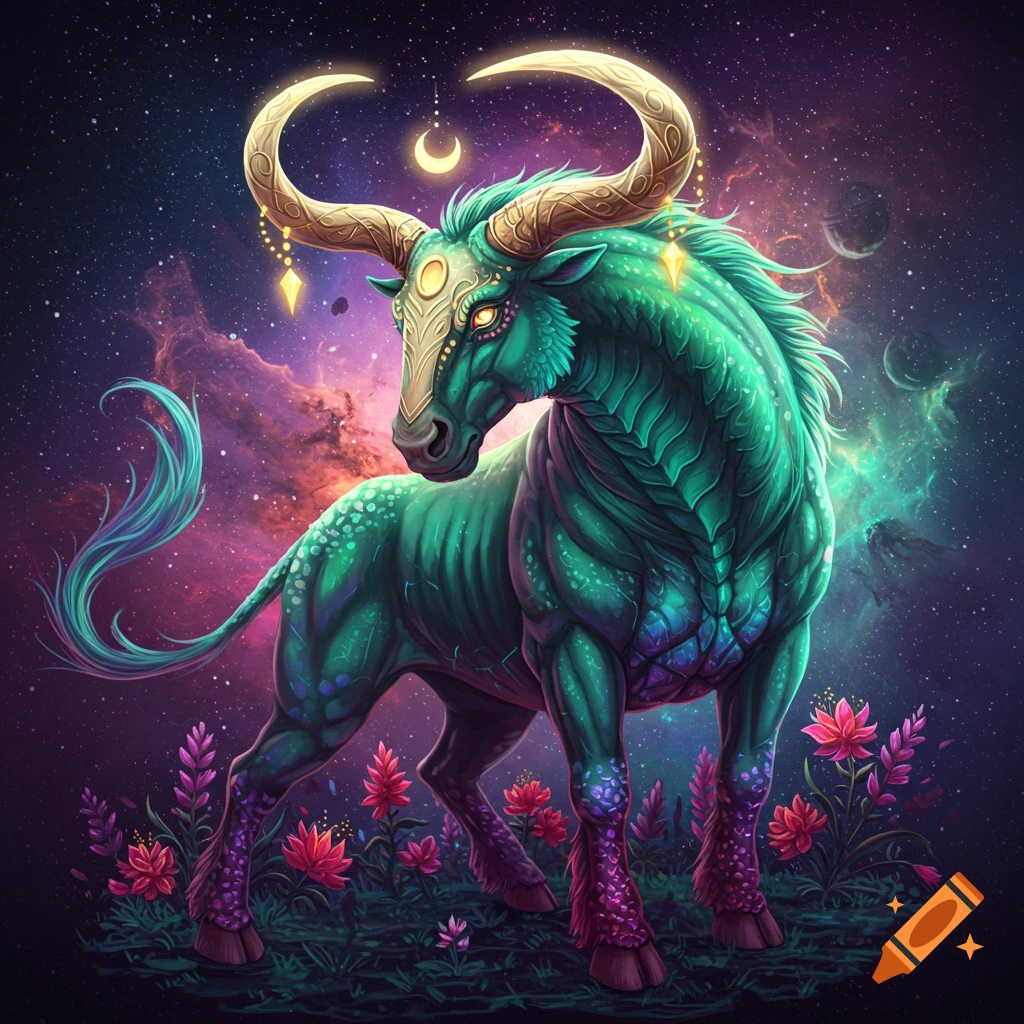 A green fantasy creature with large horns stands in a field of flowers against a colorful space ...