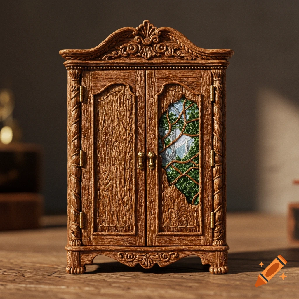 Close-up of a miniature wooden wardrobe with carved details and a ...