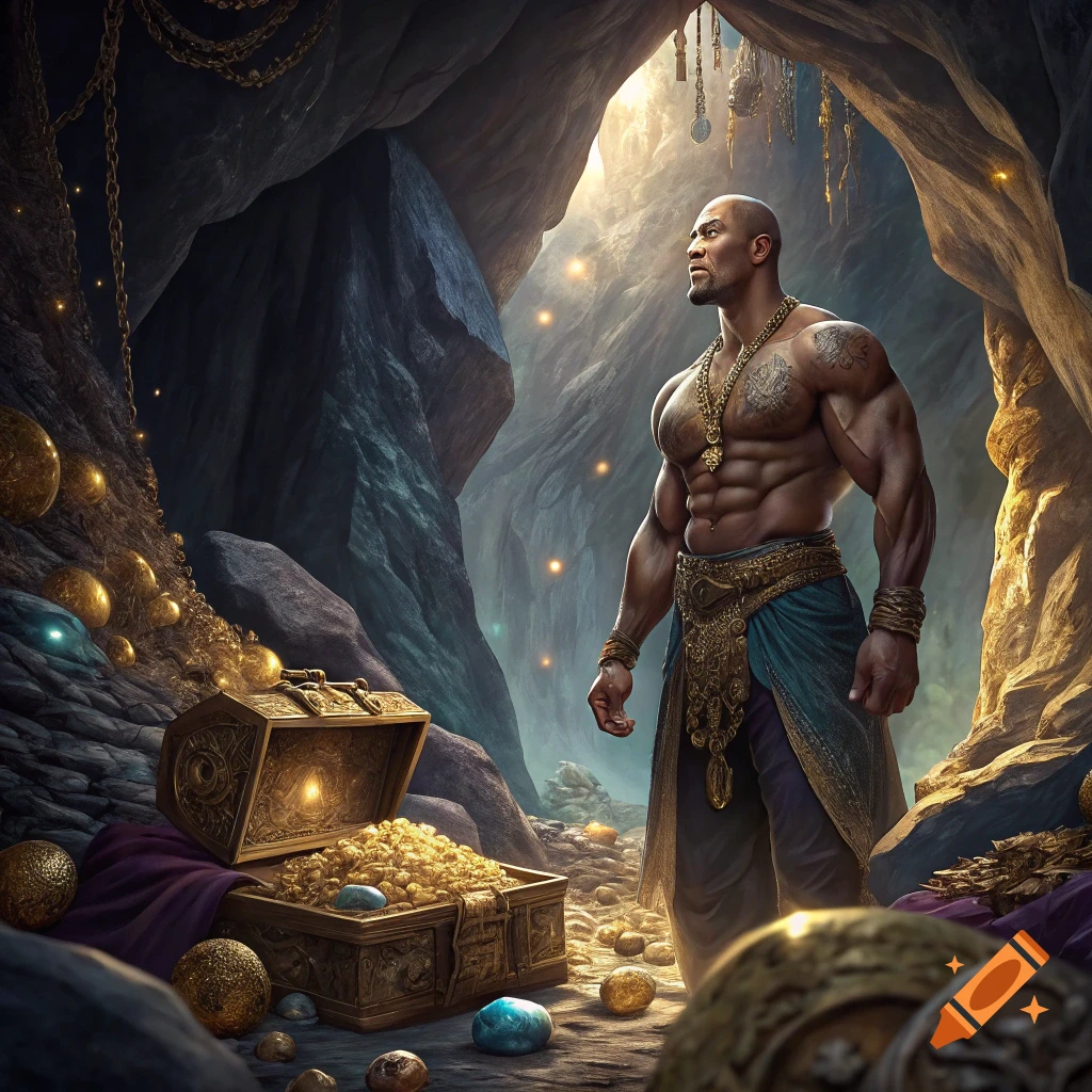 Muscular man stands in a treasure-filled cave, looking up at light ...
