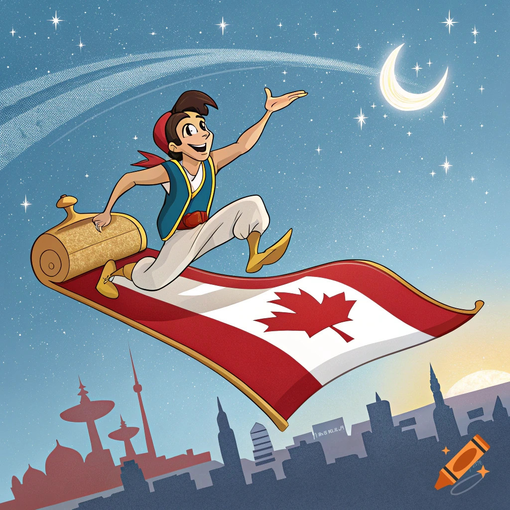 Cartoon character riding a flying carpet designed like the Canadian ...