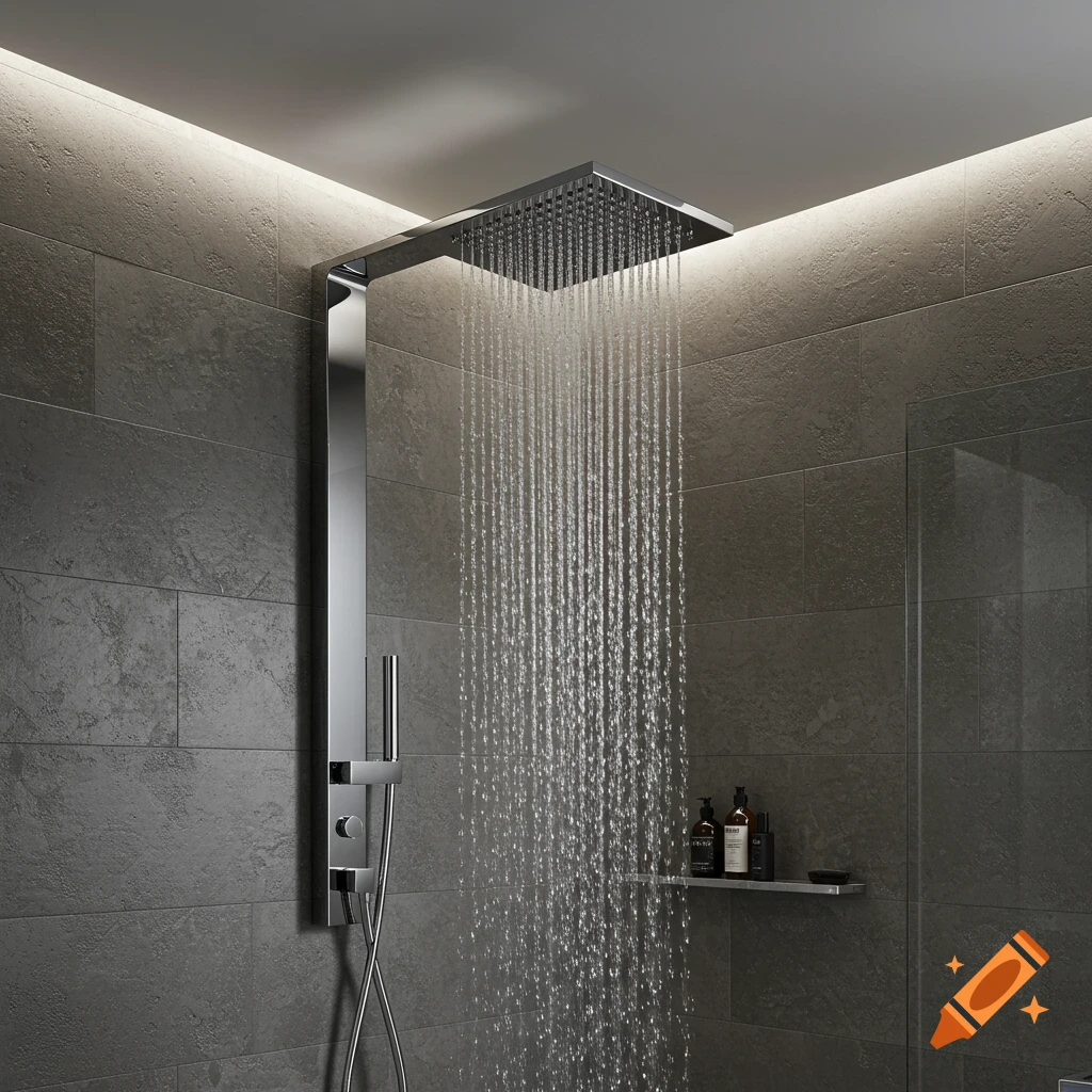 Modern square waterfall shower head spraying water in a tiled bathroom ...