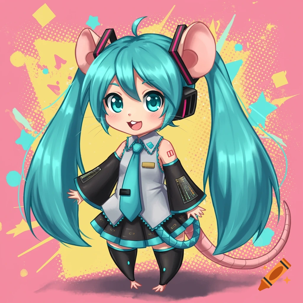 Chibi anime character Hatsune Miku with mouse ears and tail on Craiyon