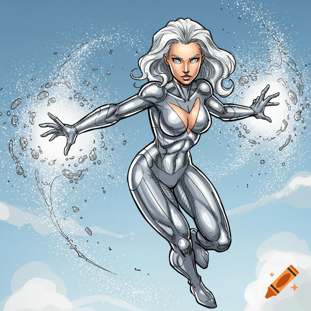 Comic book illustration of a female superhero in a silver suit flying with elemental powers from ...