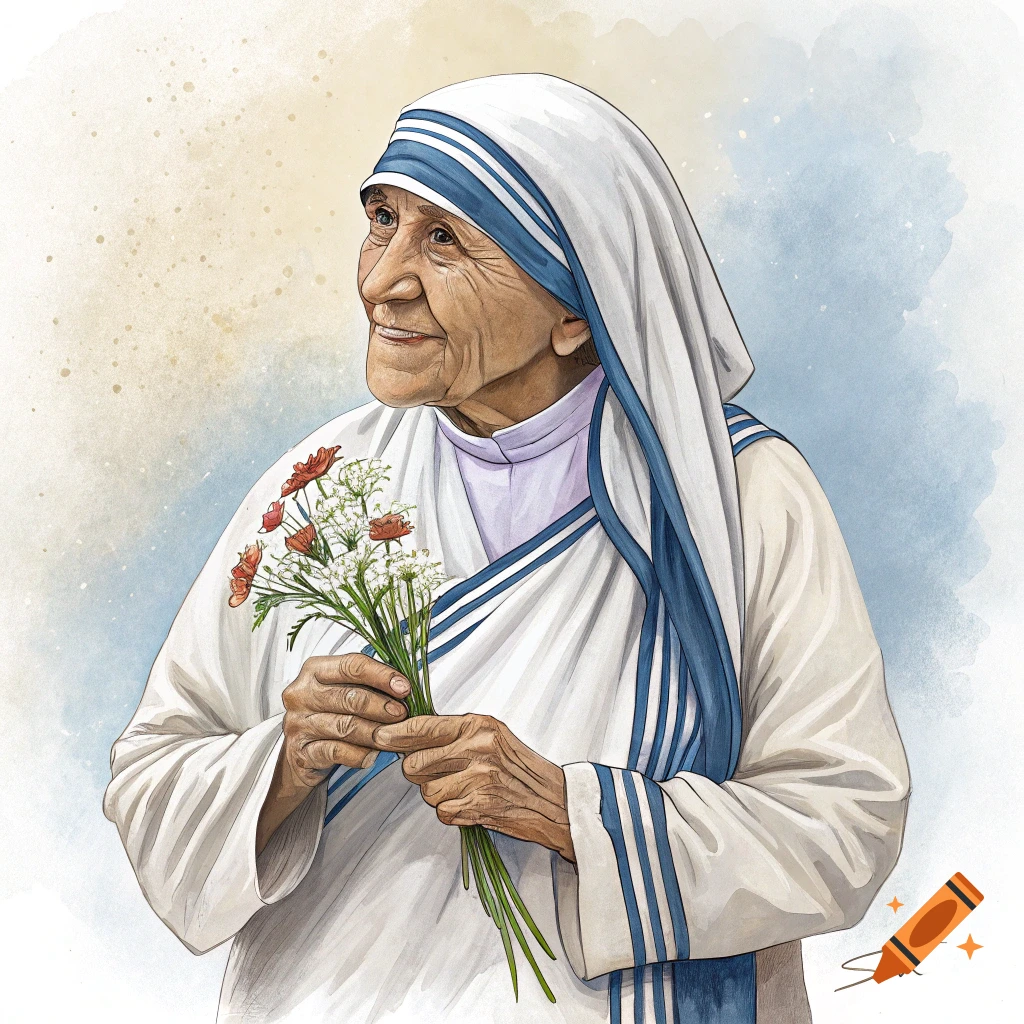Watercolor portrait of Mother Teresa holding a small bouquet of red and ...