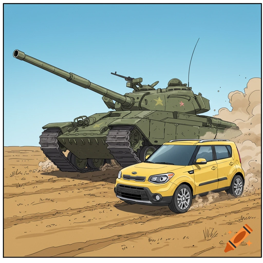 Cartoon man holding clipboard stands next to graffiti-covered Sherman ...