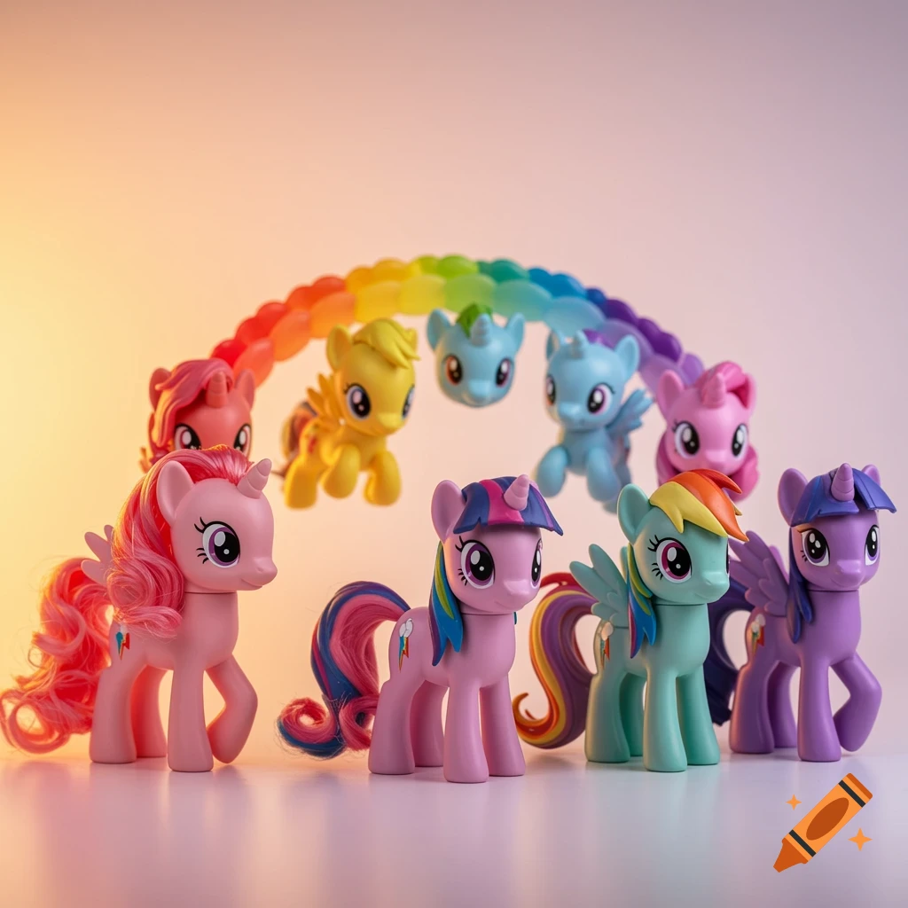 My Little Pony action figures running through a meadow on Craiyon