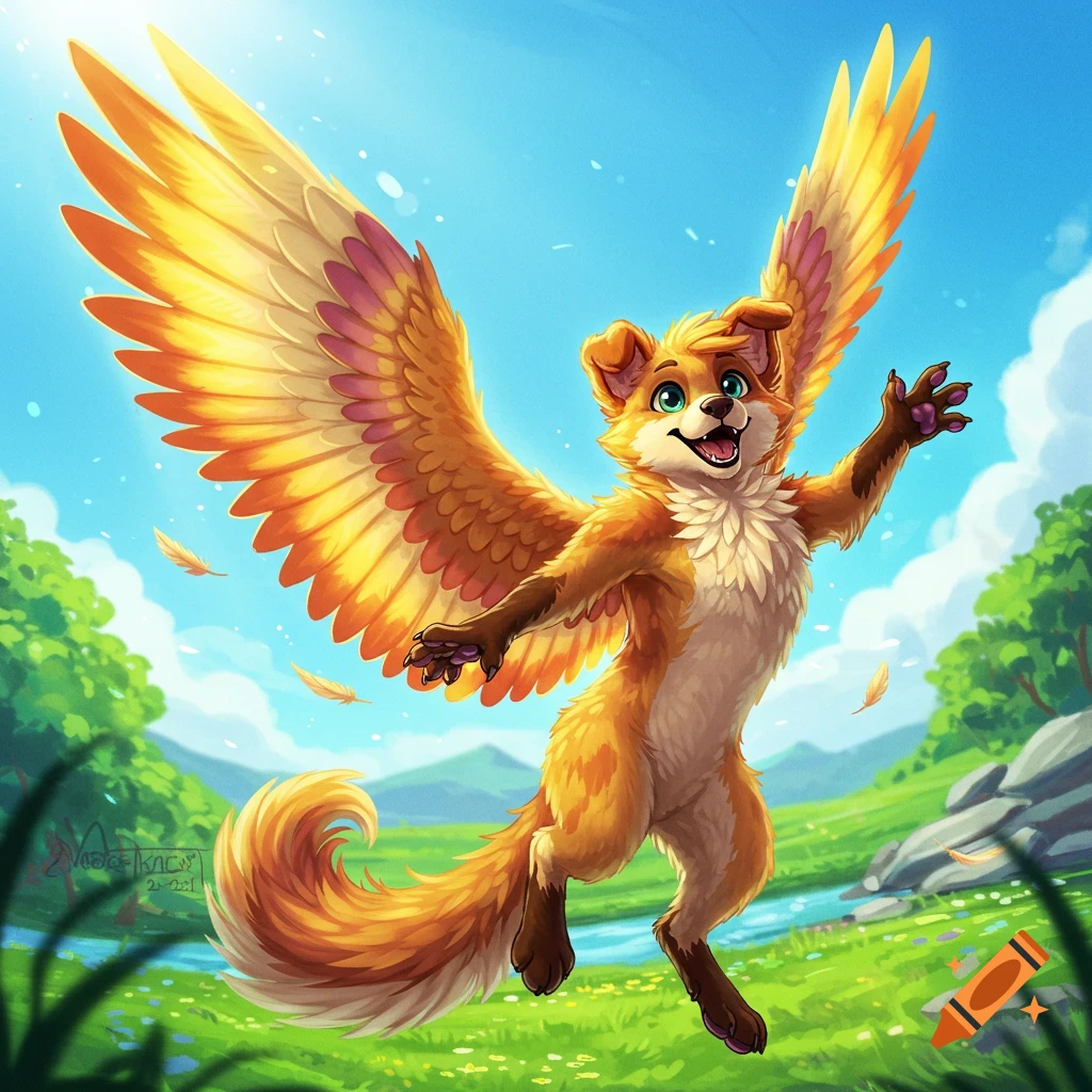 A cute winged furry dog jumps in a bright, sunny grassy landscape with ...