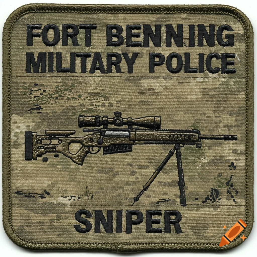 Camouflage military patch with text 'Fort Benning Military Police Sniper' and a sniper rifle. on ...